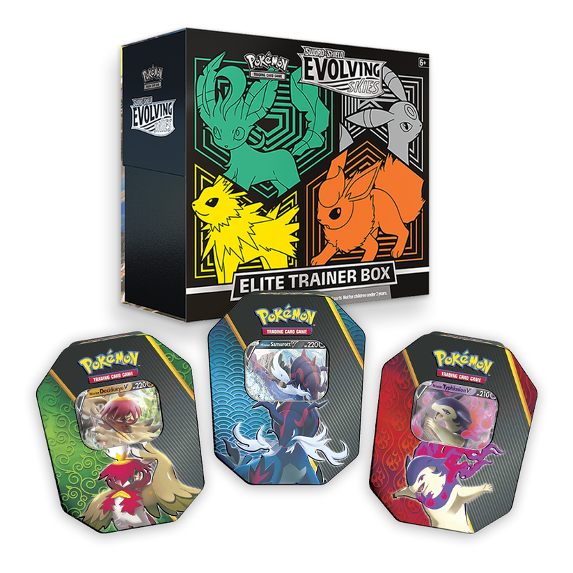 Pokémon TCG: Evolving Skies Elite Trainer Box & Divergent Power V Tin ...